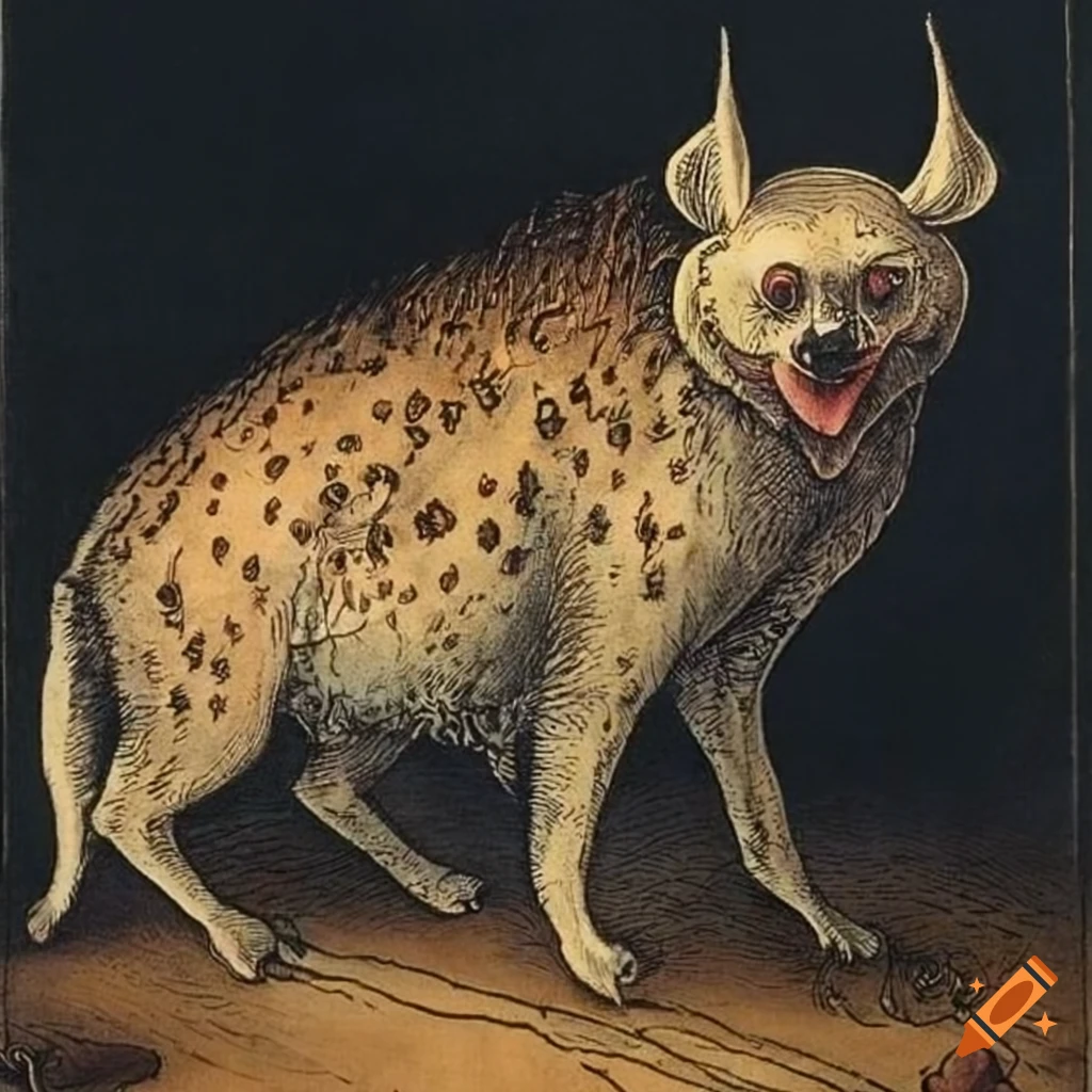 Mystic woodcut print of hyenas with hungry eyes on Craiyon