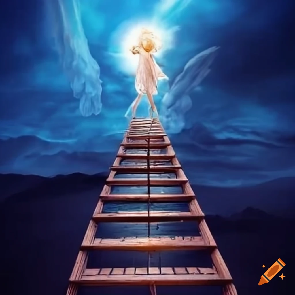 Artwork of angels descending a ladder in a desert on Craiyon