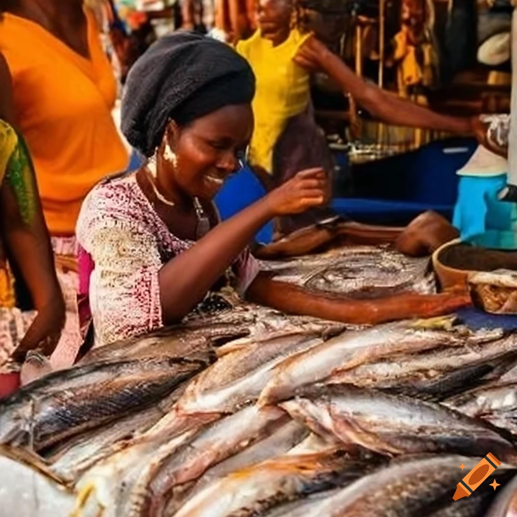 Skilled african woman selling dried fish in a vibrant market on Craiyon