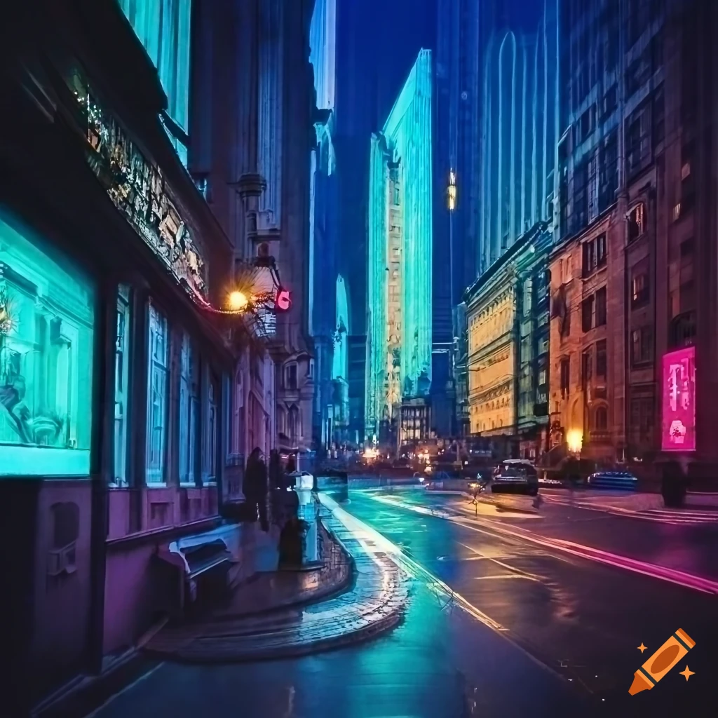 Parisian cityscape at night with neon signs on Craiyon