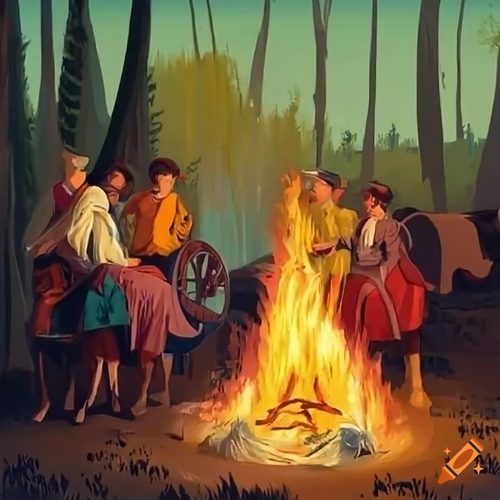 Image of gypsy travelers around a bonfire with horses on Craiyon