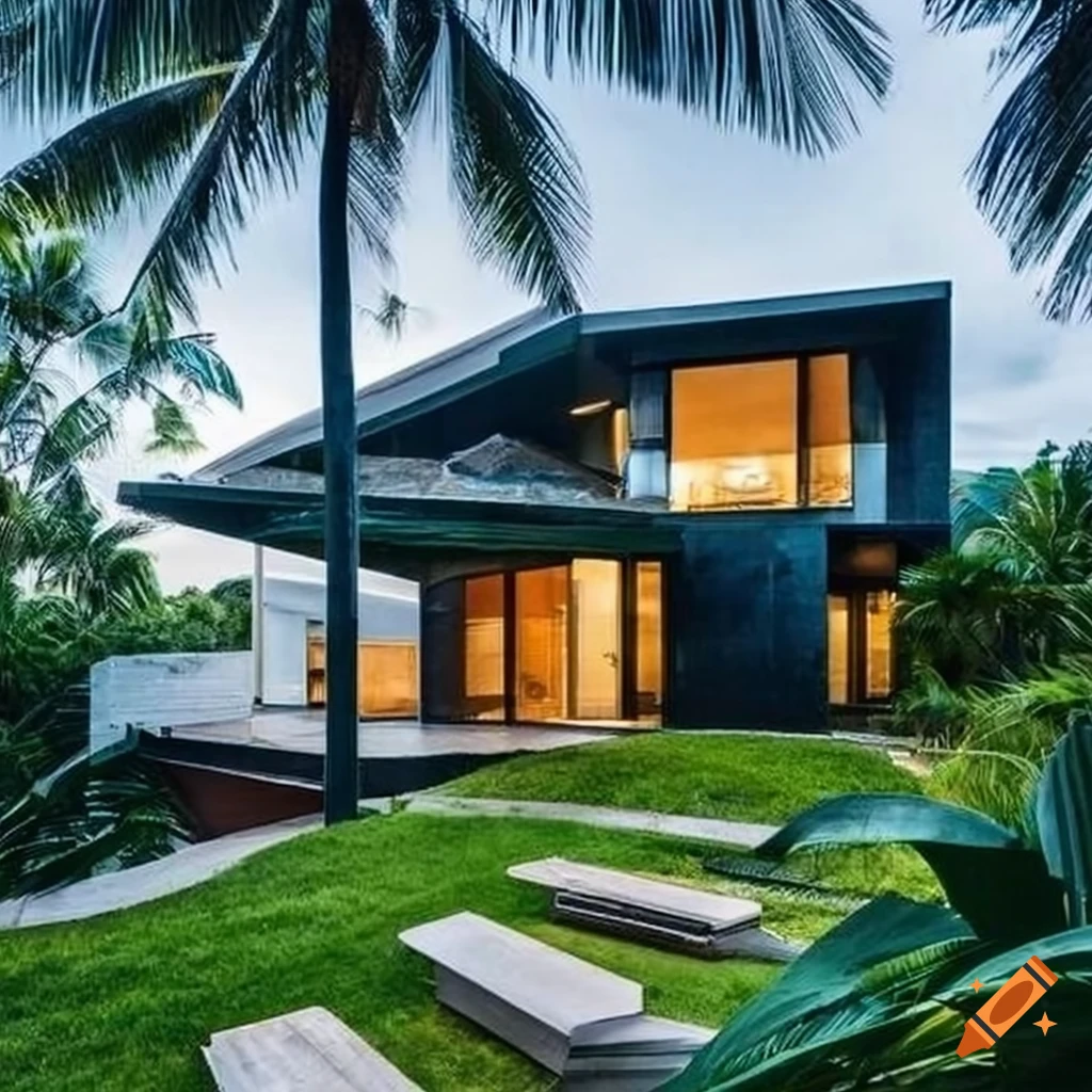 Sleek modern house in tropical setting on Craiyon
