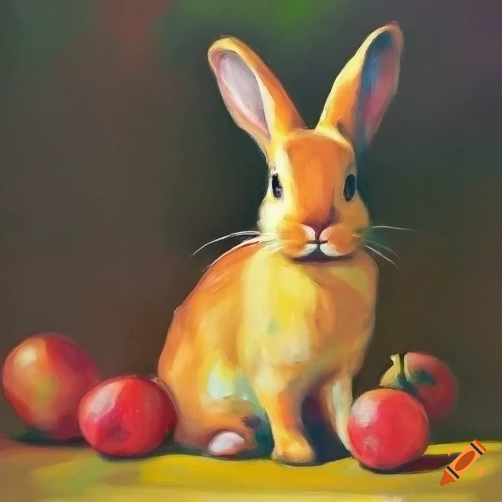 Oil painting of a cute bunny next to taxo-fruits on Craiyon