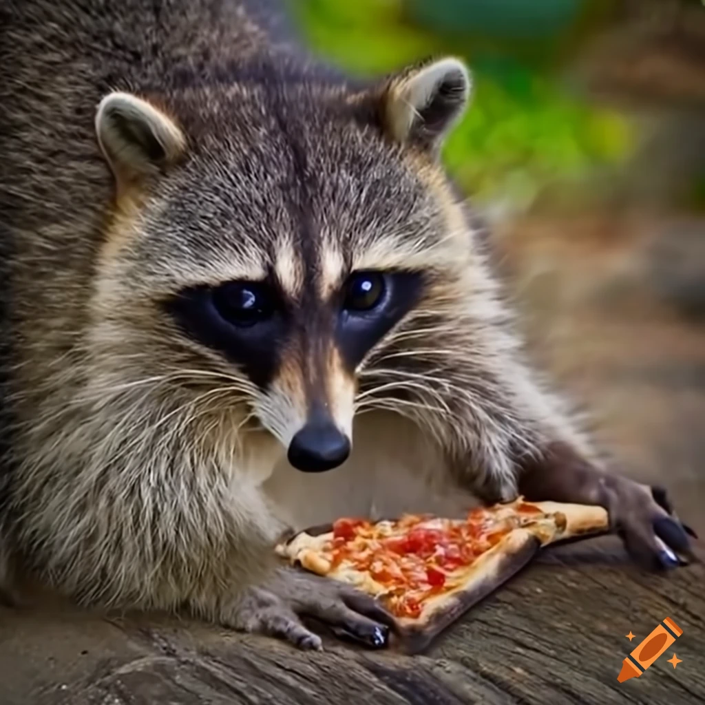 Raccoons enjoying a pizza
