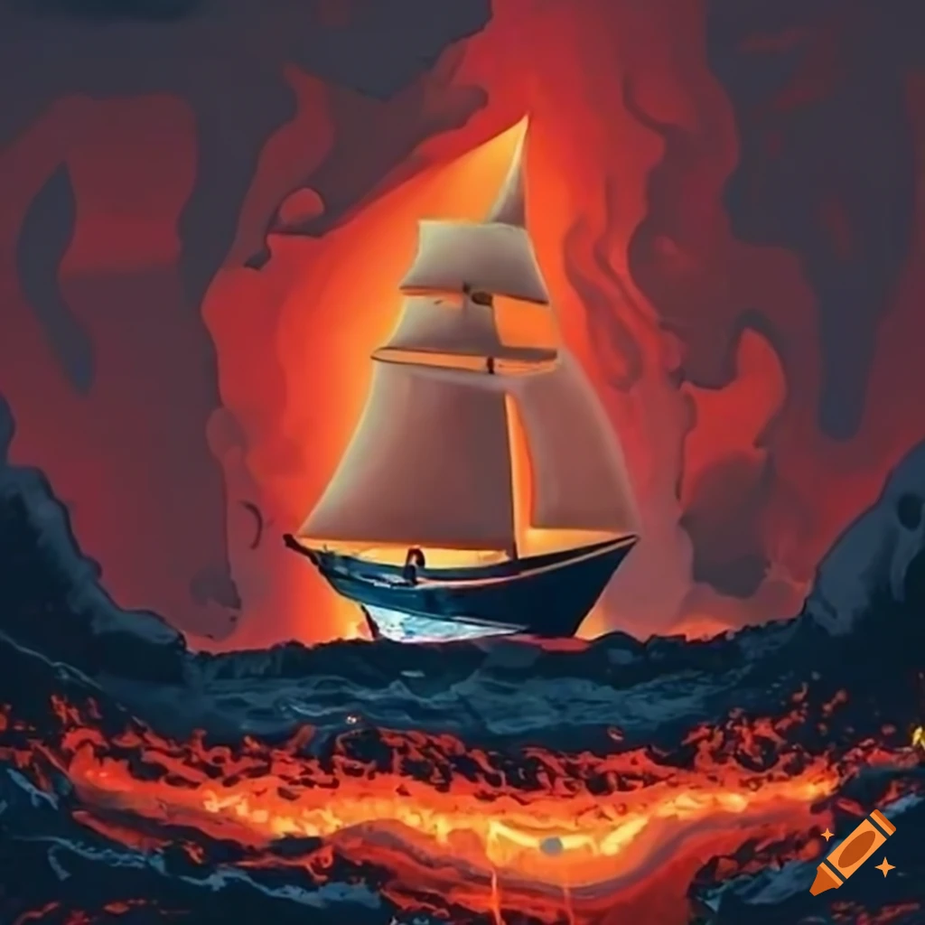 Obsidian ship sailing in lava on Craiyon