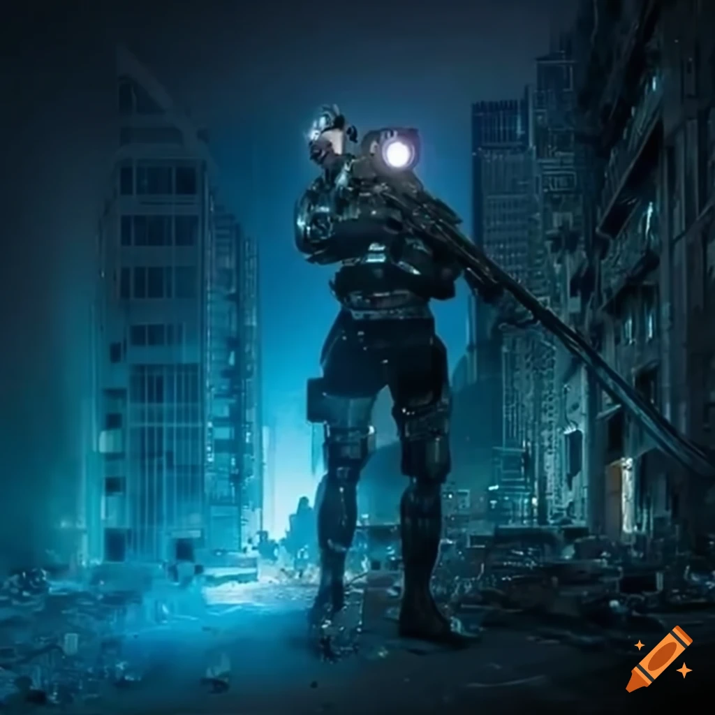 Cyborg with a laser gun in a destroyed cityscape on Craiyon
