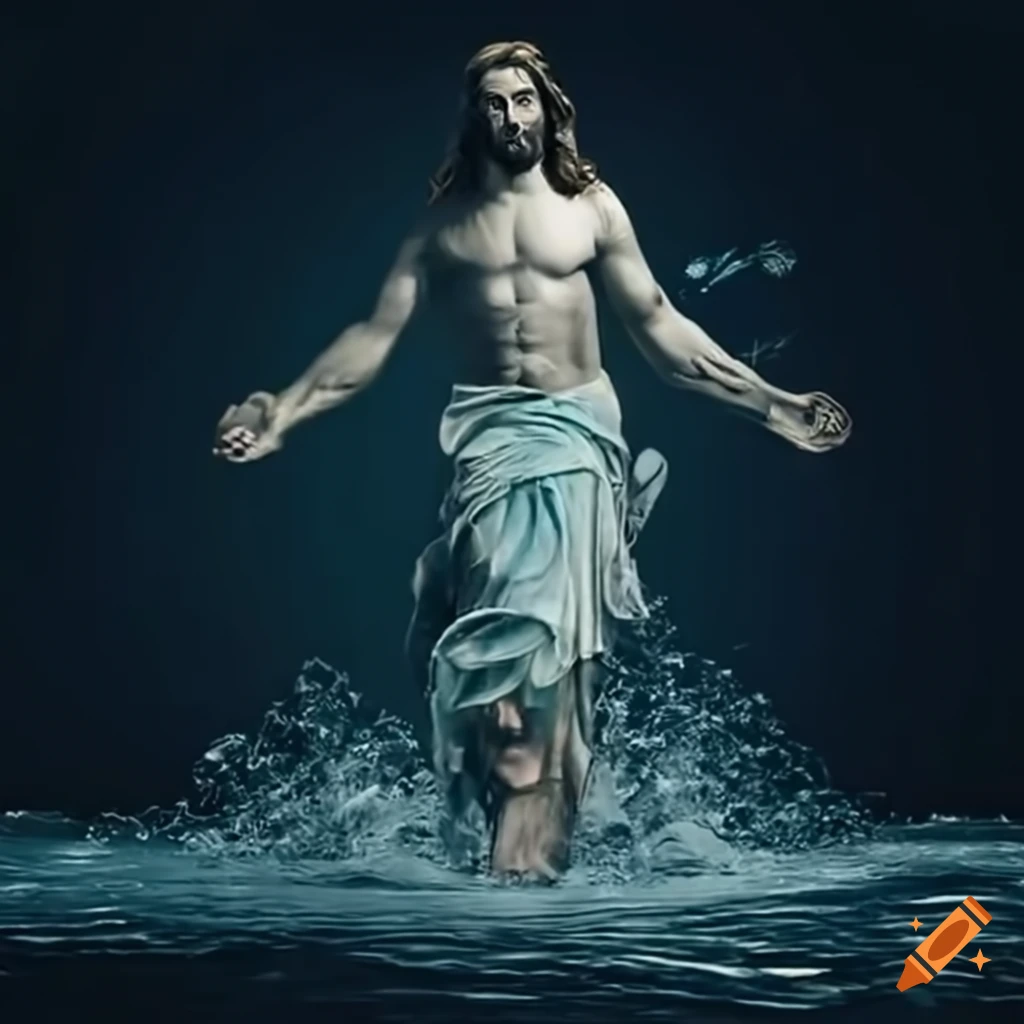 Surreal artwork of jesus skateboarding on water on Craiyon