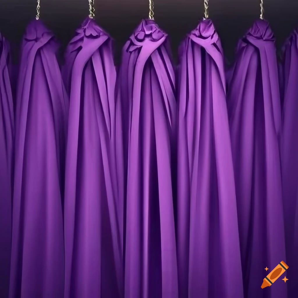 Rows of purple cloaks in a fantasy shop