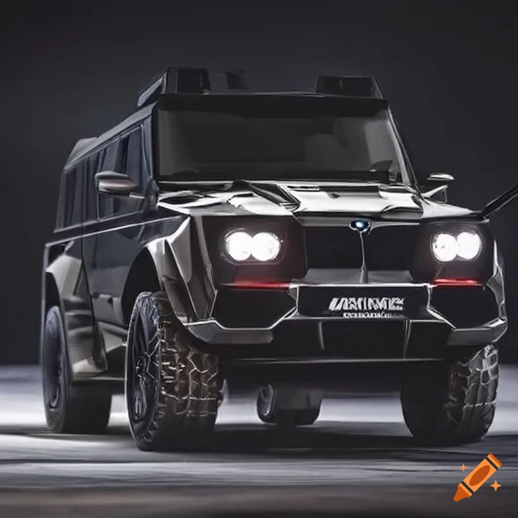 Armored BMW with Lamborghini LM002 body, rear view on Craiyon