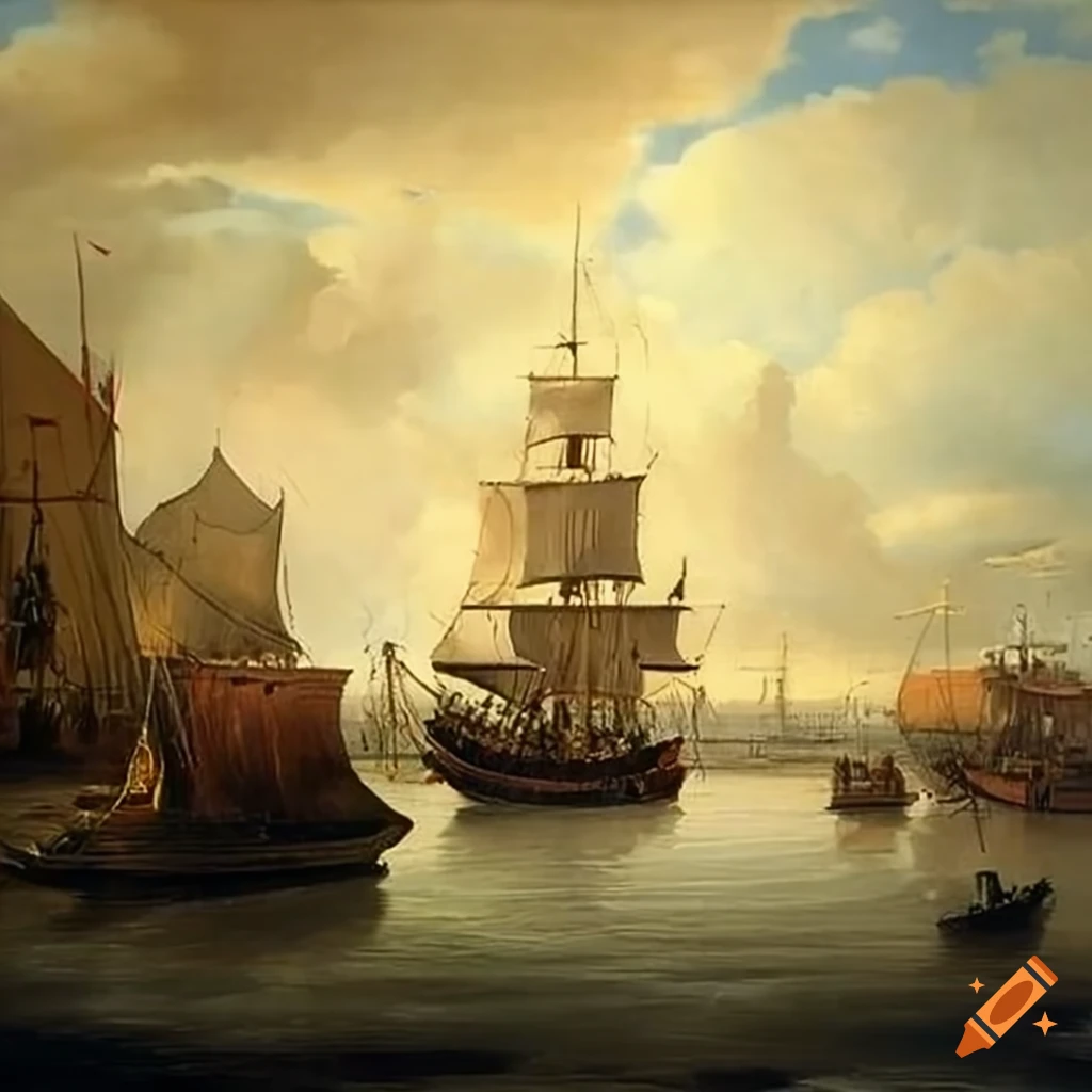 Painting of a medieval ship entering an english port on Craiyon