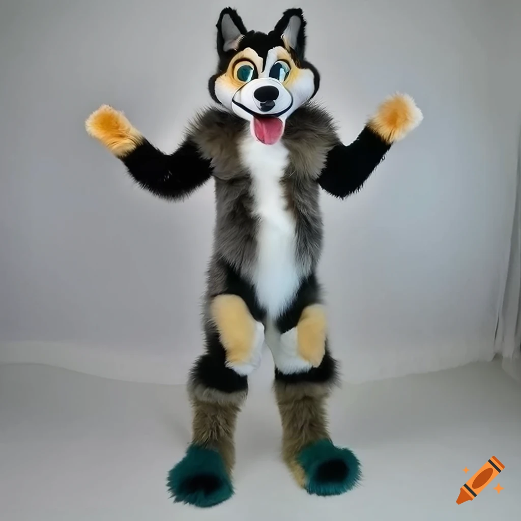 Yellow husky fursuit with fluffy white fur and light-up eyes on Craiyon
