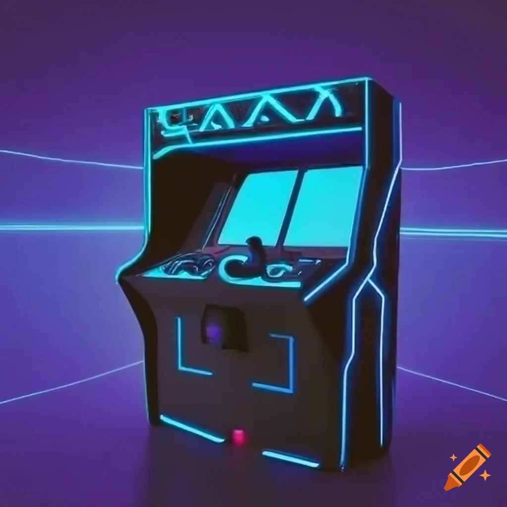 Blue and black tron arcade machine on neon grid backdrop
