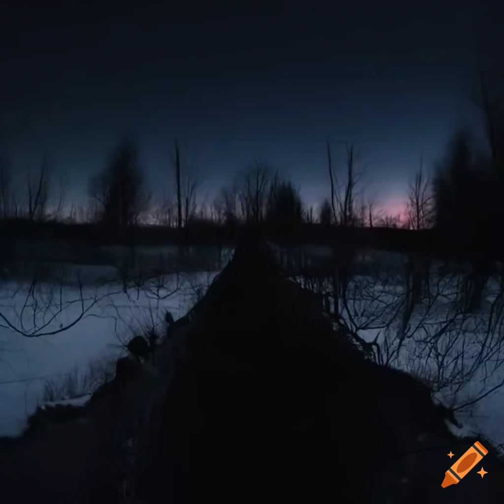 Night scene of snowy field with abandoned shed and distant factory on ...