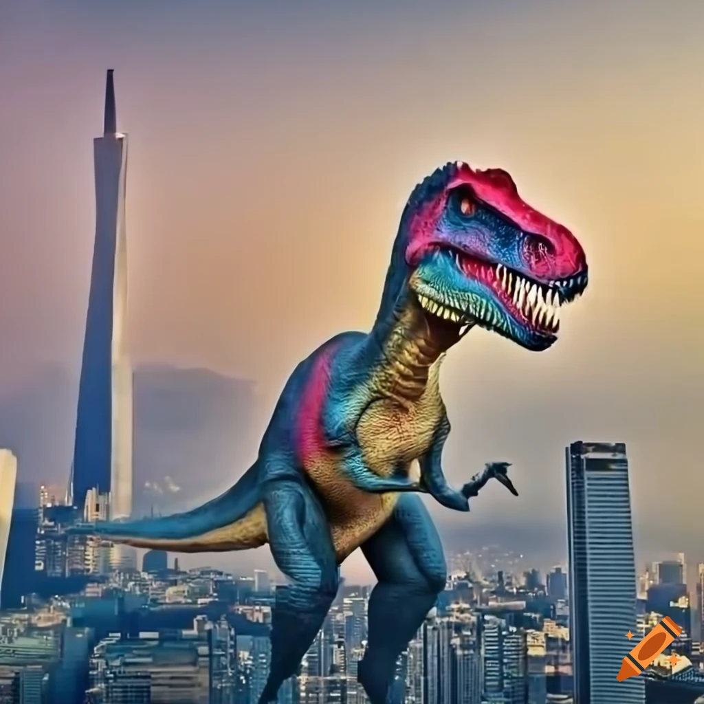 Colored t-rex dinosaur with south korean flag in seoul on Craiyon