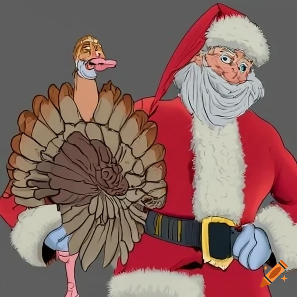 Humorous illustration of santa claus battling a giant turkey