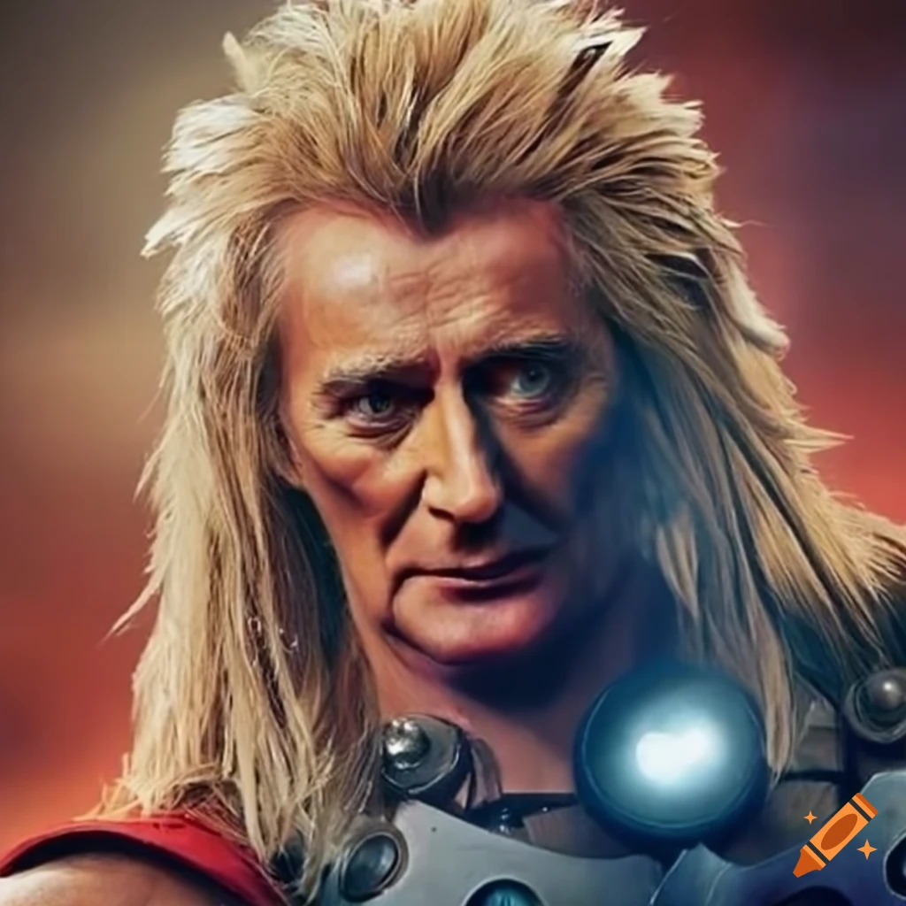 Artistic portrayal of Rod Stewart as Thor on Craiyon