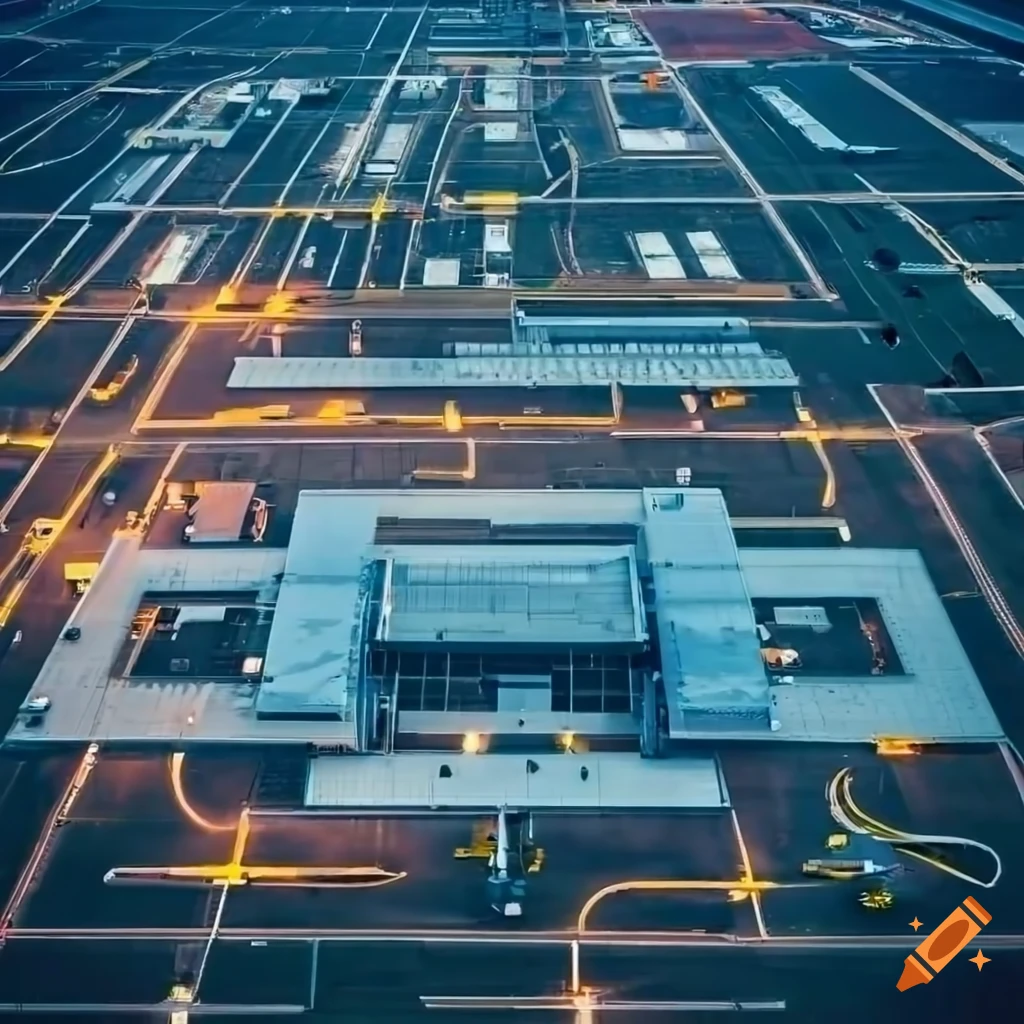 Modern manufacturing facility on an airport with helipads on Craiyon