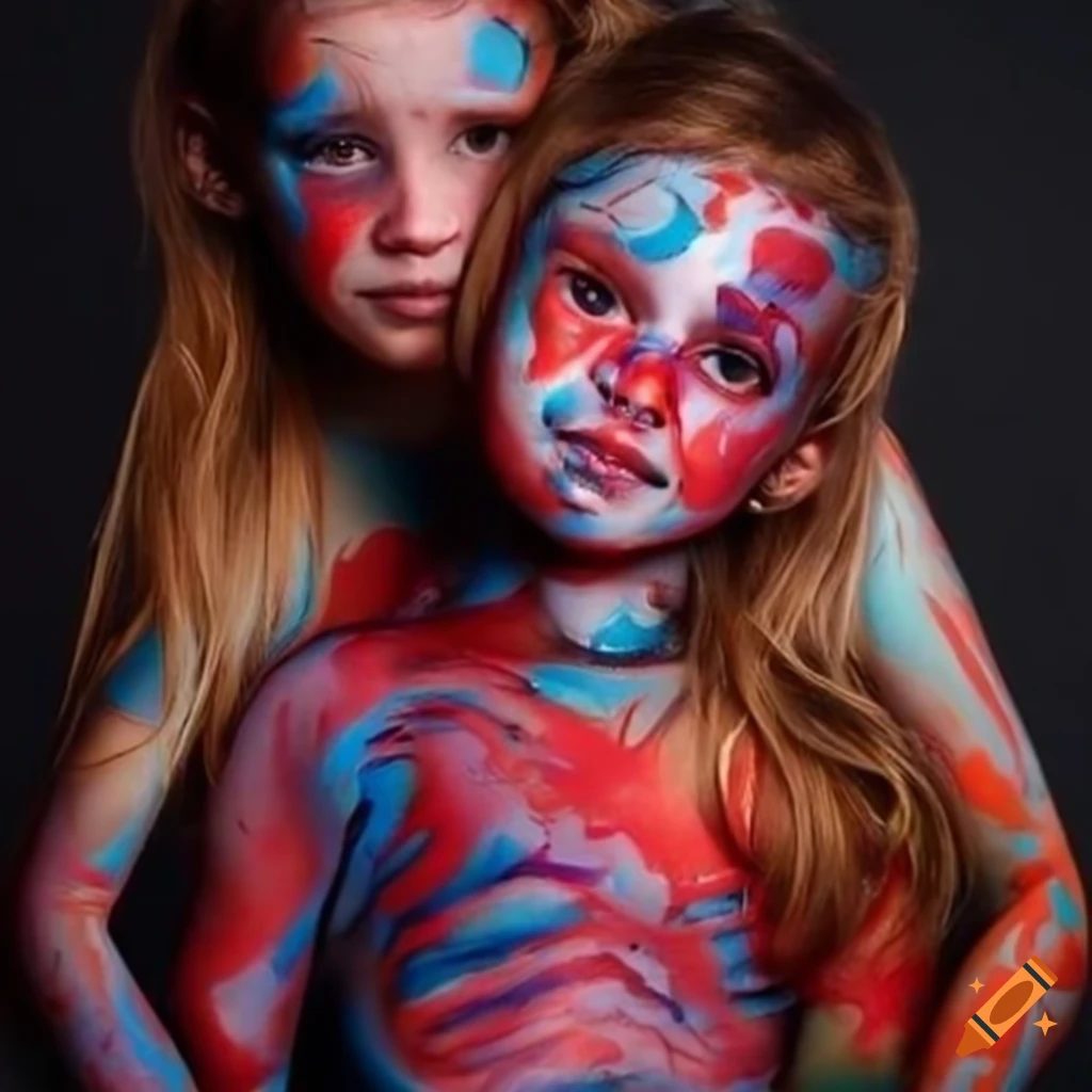 Creative body paint designs on two siblings on Craiyon