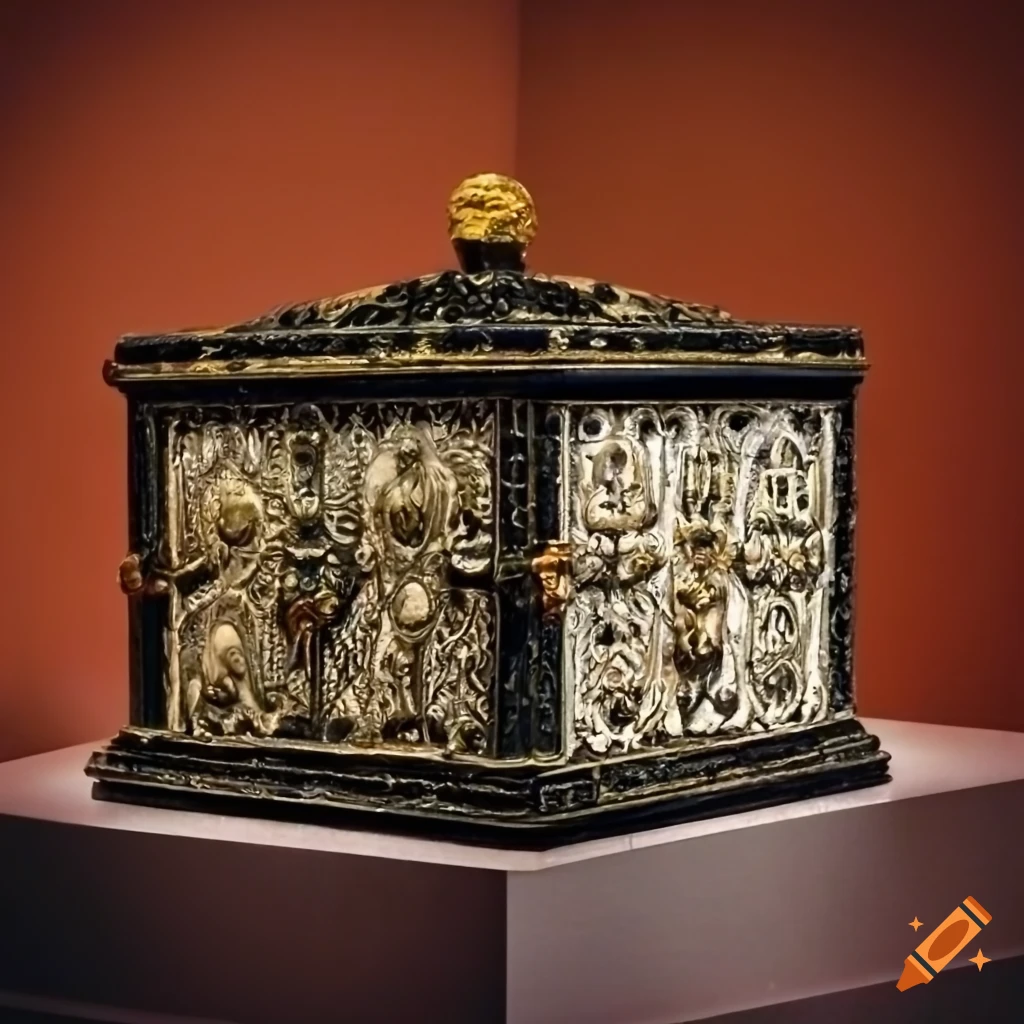 Display of a pandora's box in a museum on Craiyon