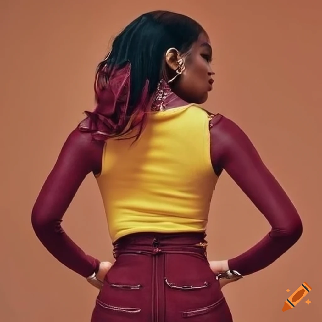 Yellow skinny jeans and wine red crop top on Craiyon