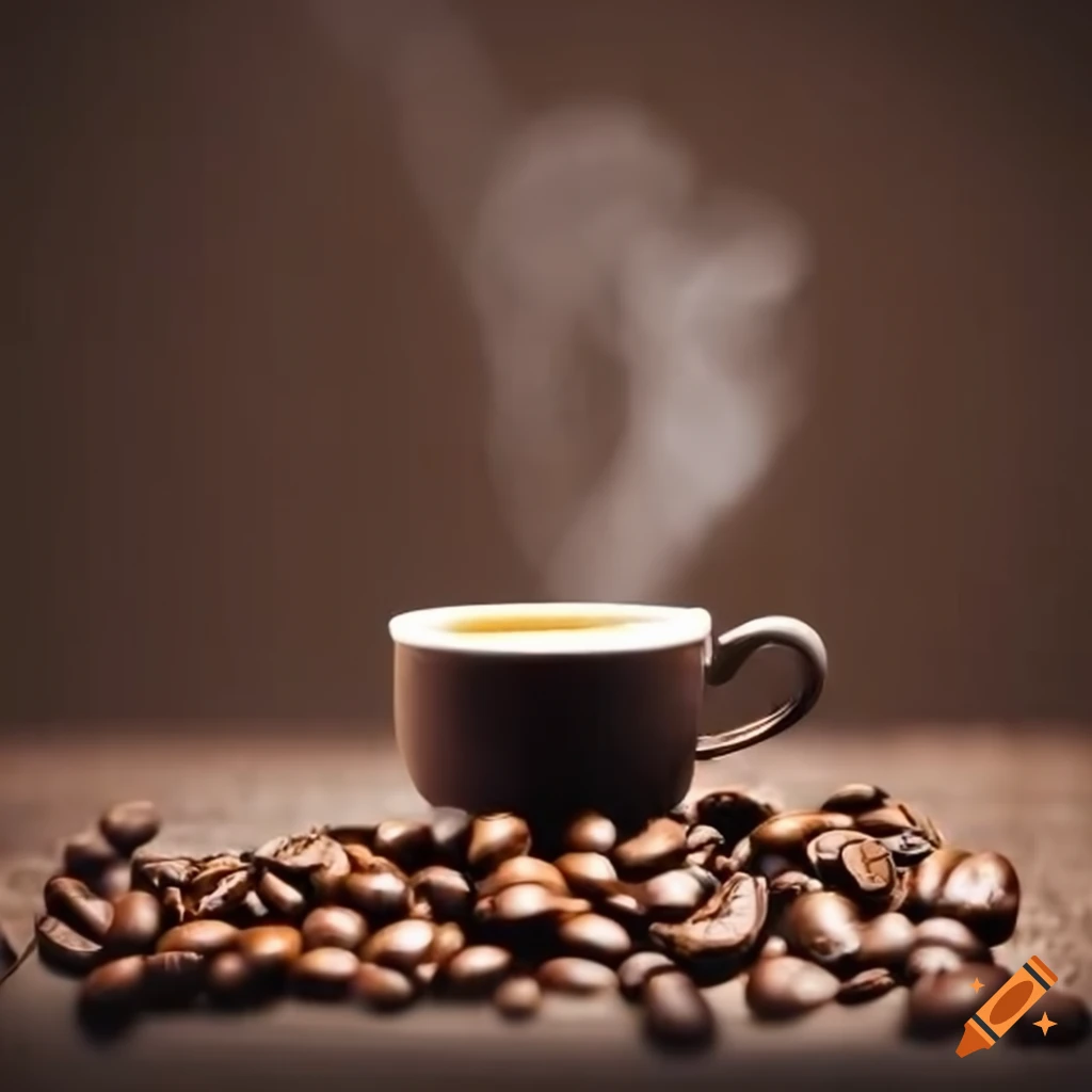 Steaming cup of coffee with coffee beans on Craiyon