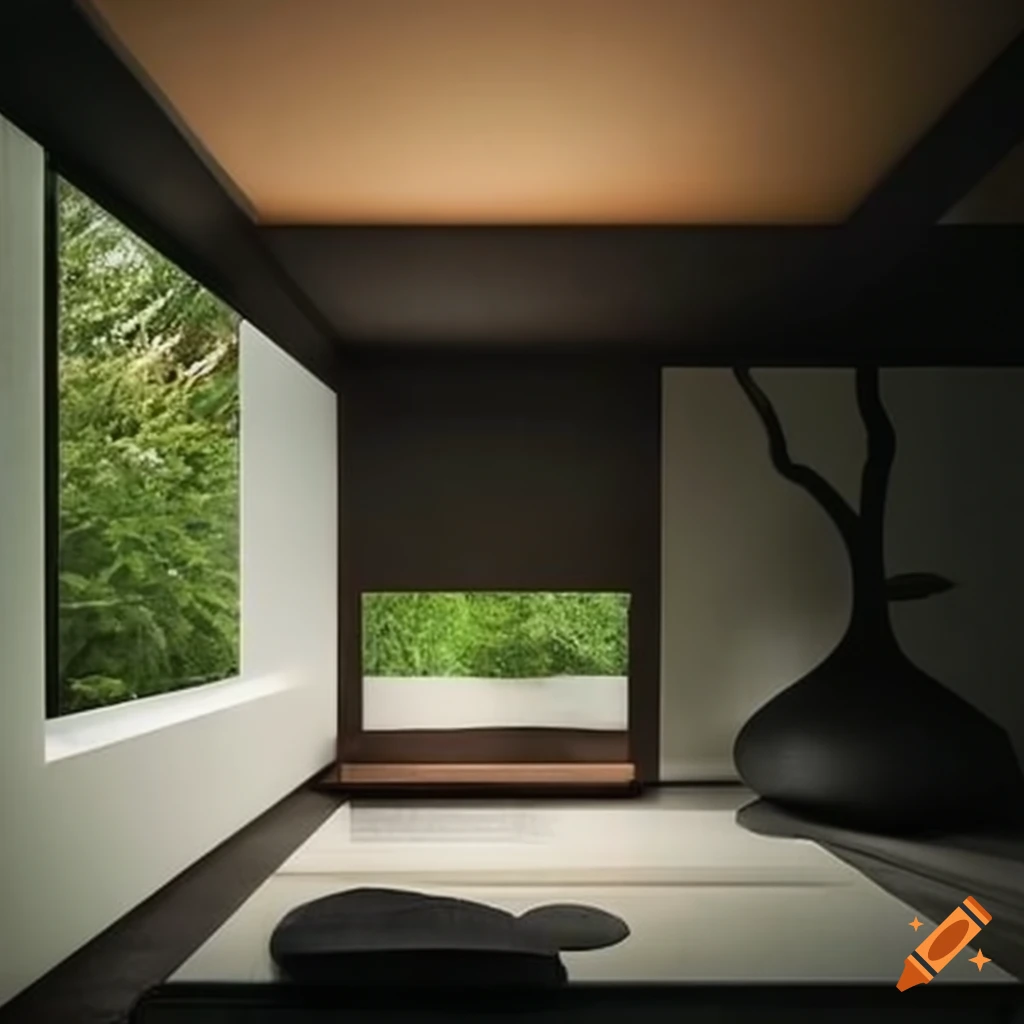 Interior of a minimalist architecture with zen garden rooms on Craiyon
