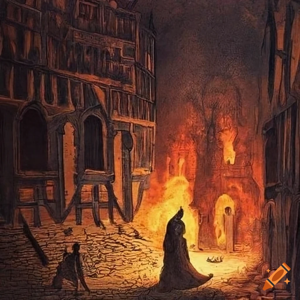 Illustration of a burning medieval house on Craiyon