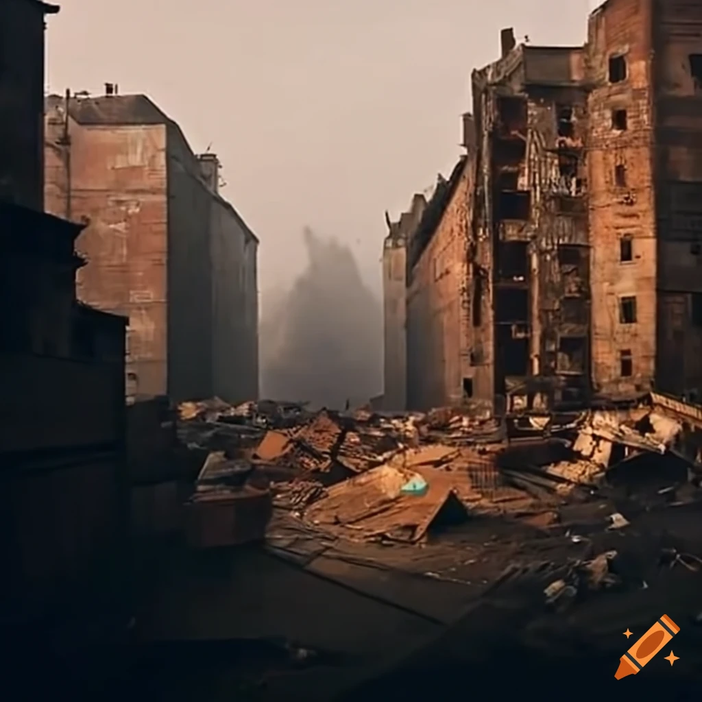 View of flooded rooftop with sinking buildings in a gold-orange fog on ...
