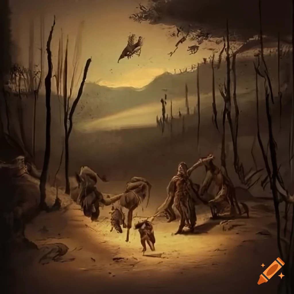 Illustration of soldiers in a muddy and desolate battlefield on Craiyon