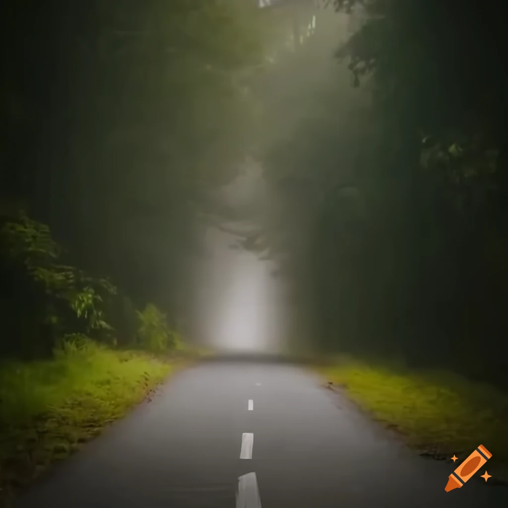 Cyclist climbing a foggy road in the forest on Craiyon