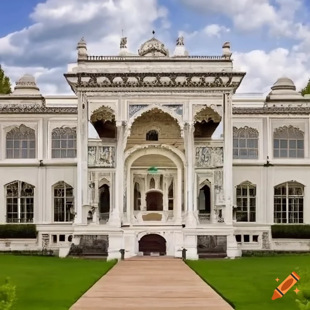 Full frontal elevation of a mughal mahal style building on Craiyon