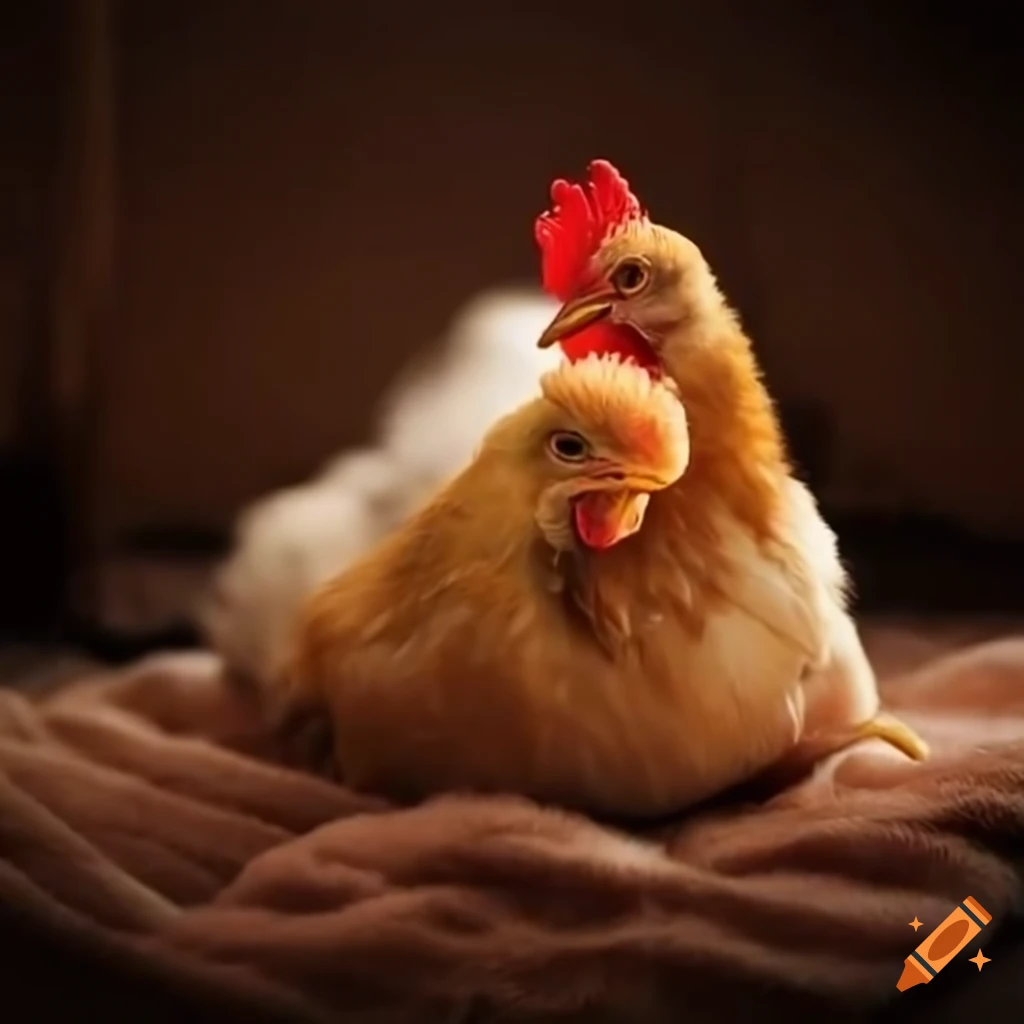 Chickens snuggling together in a bed