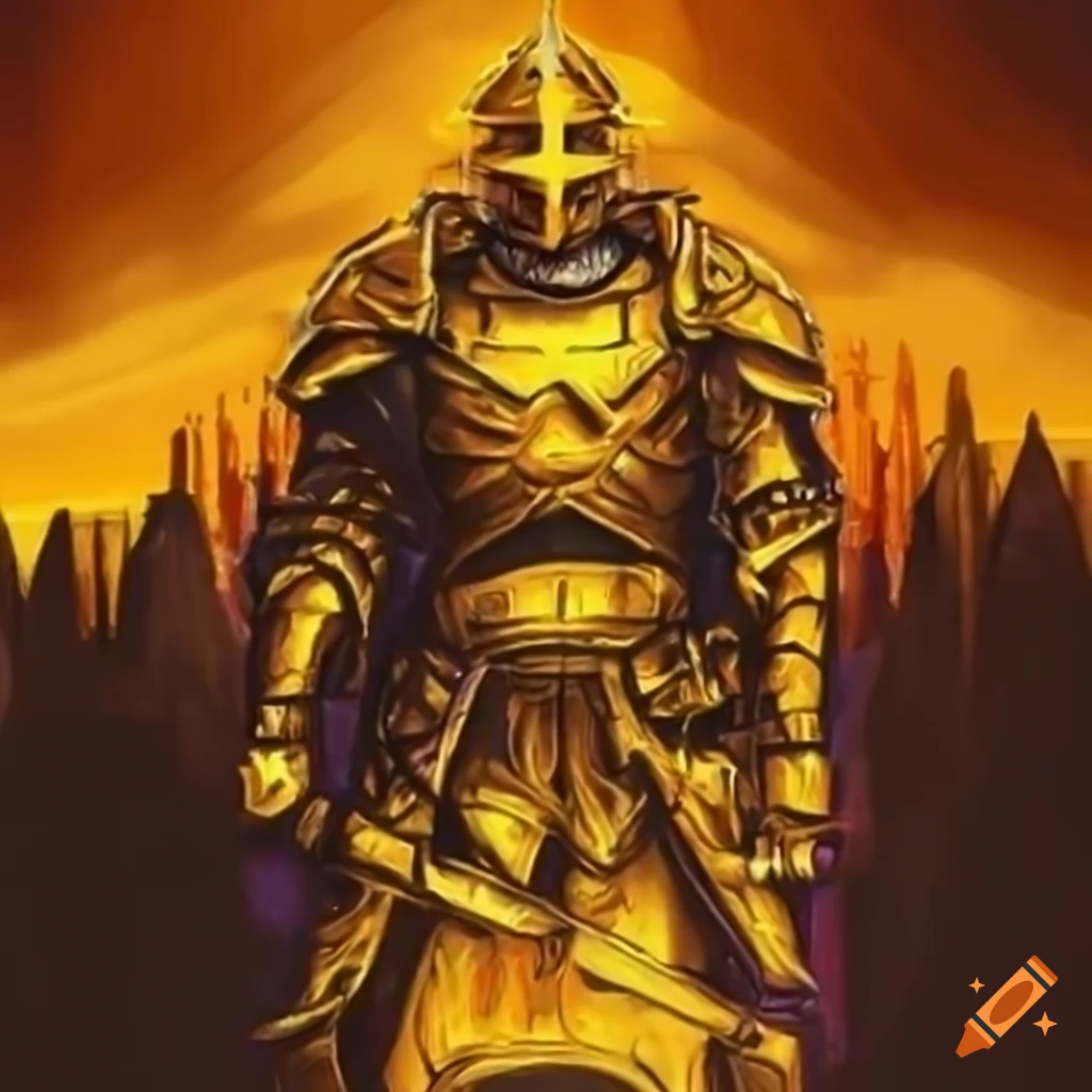 Gothic wounded medieval knight kneeling in a dark forest near a castle ...