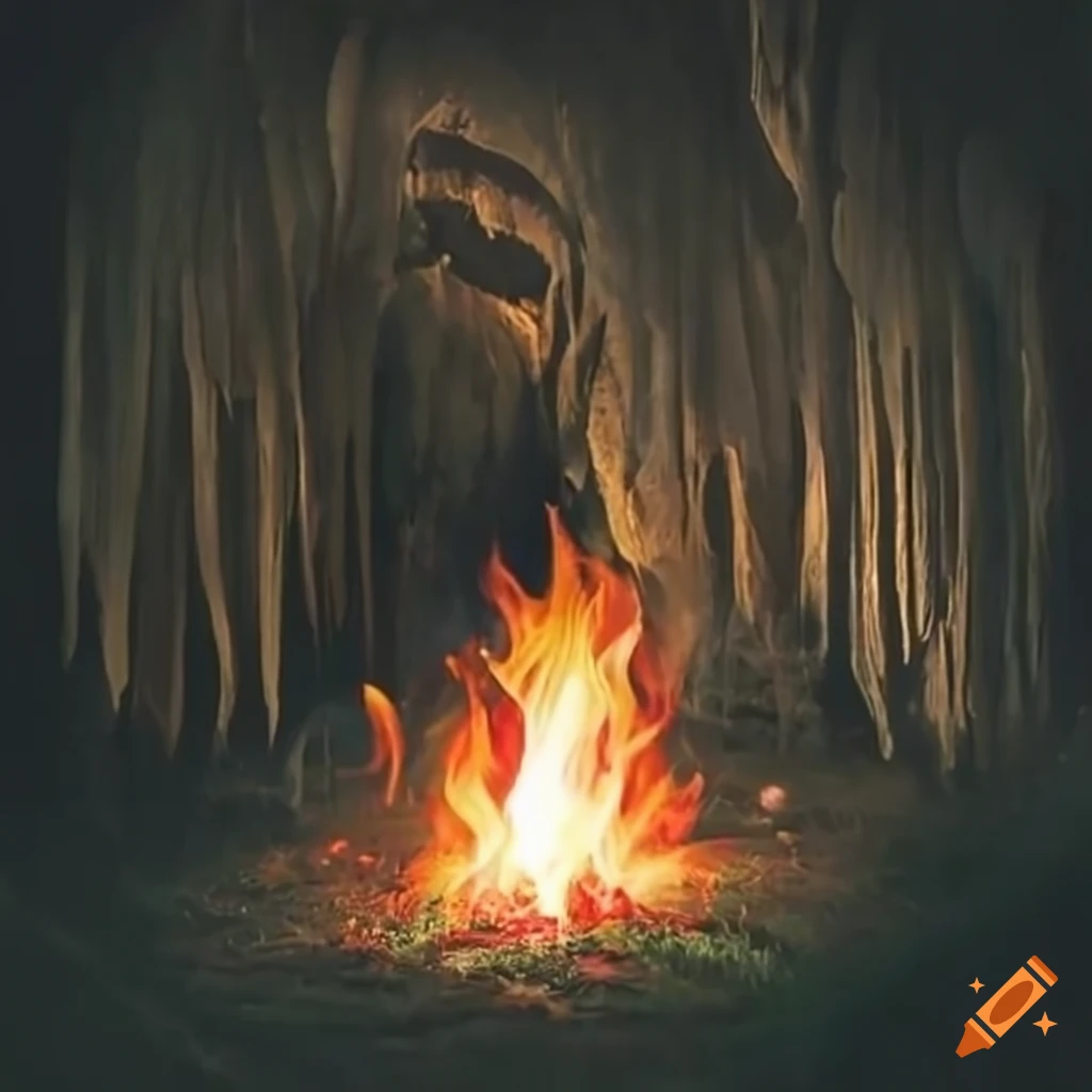 Human exploring a dark cave with glowing eyes on the walls on Craiyon