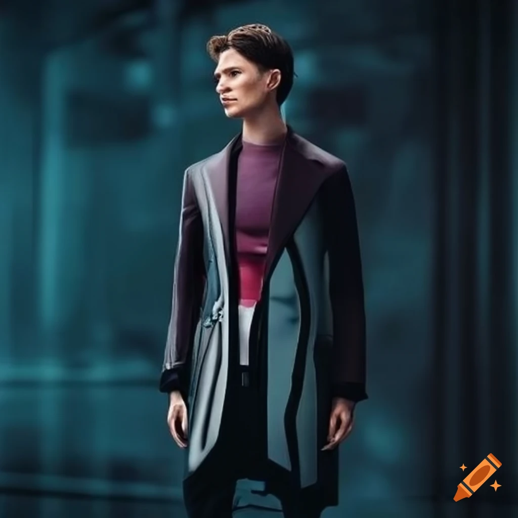 Futuristic colorful men's long coat with clean lines