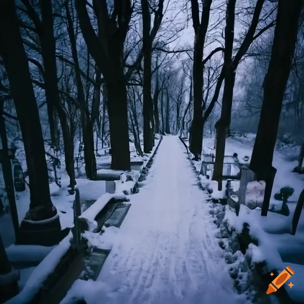 Winter scene in a cemetery with winding path