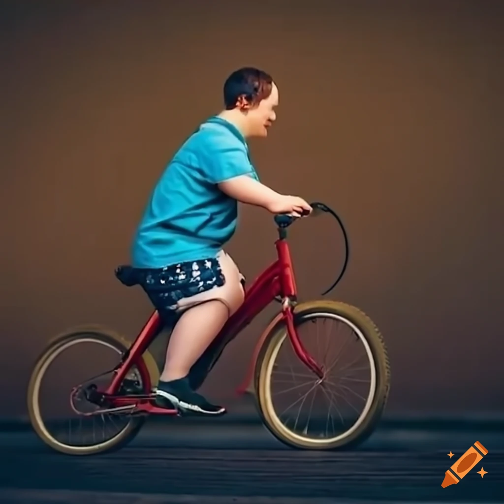 Man with down syndrome riding a bicycle with a tracker