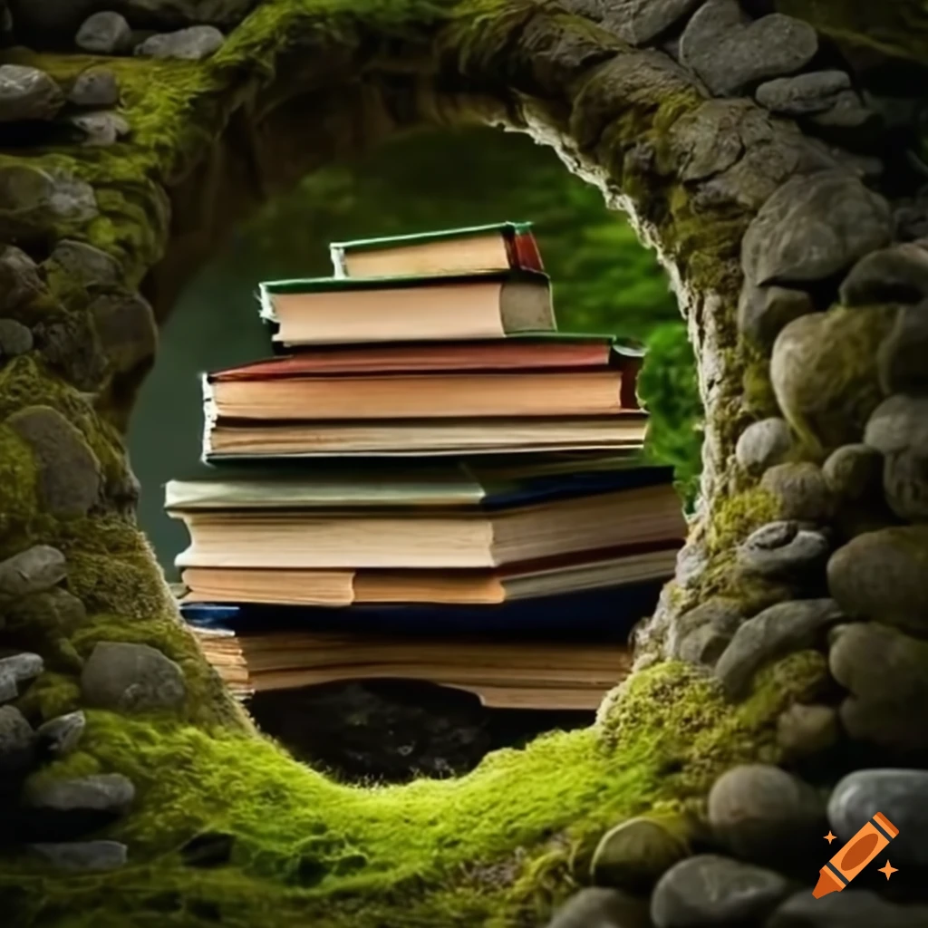 Books stacked in a moss-covered stone cellar on Craiyon