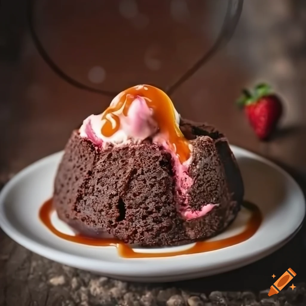 Chocolate lava cake with strawberry ice cream and flaming caramel
