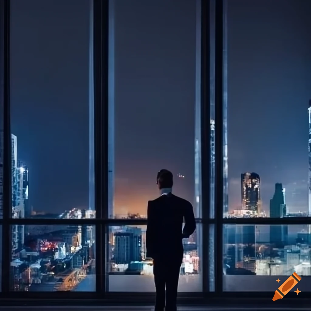 Man in suit gazing at city skyline at night
