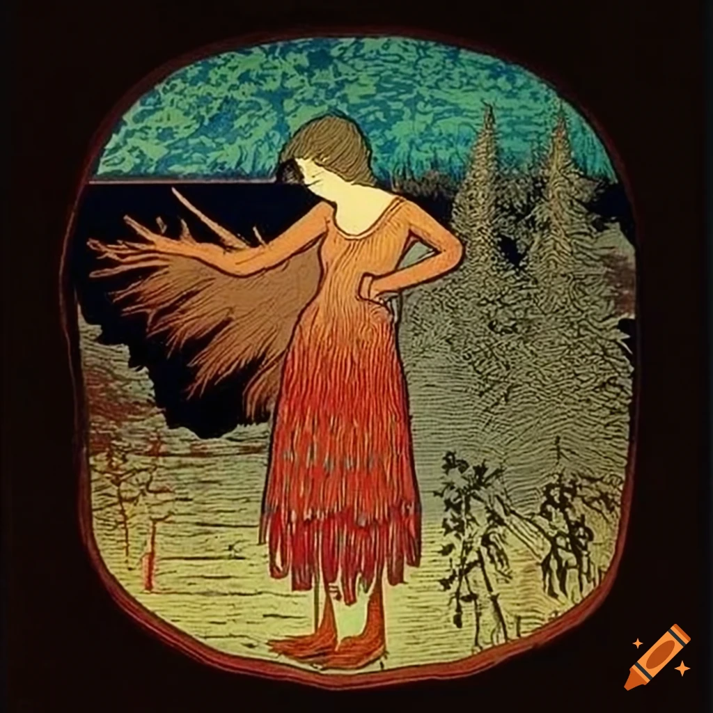 Color serigraph of Salish creature and animal motifs on Craiyon