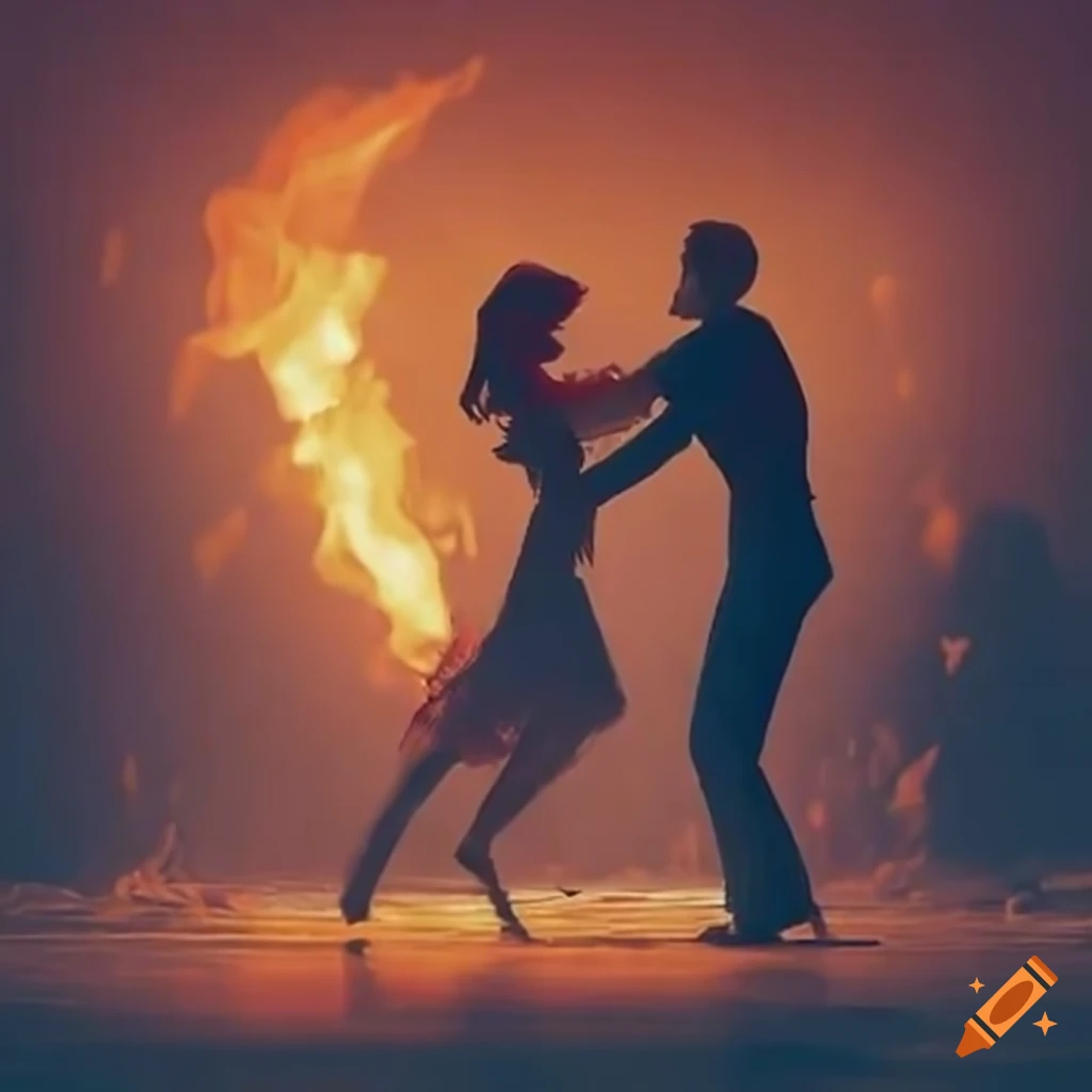 Artistic portrayal of a couple dancing in front of a burning world on ...