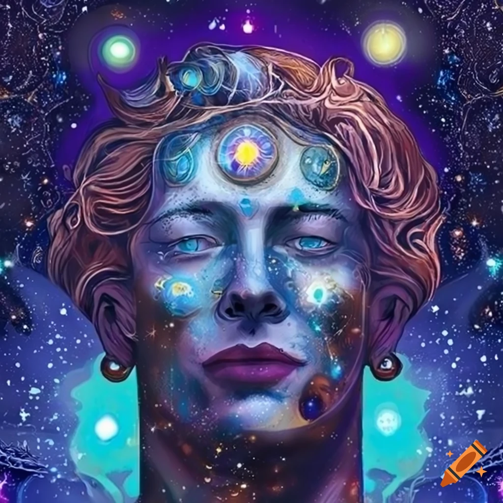 Tarot card of a meditative man surrounded by cosmic energy on Craiyon