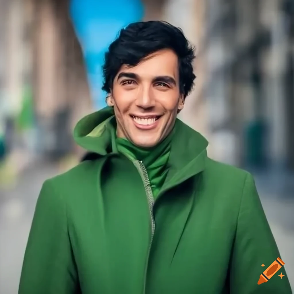 Smiling man with short wavy black hair in green coat on Craiyon