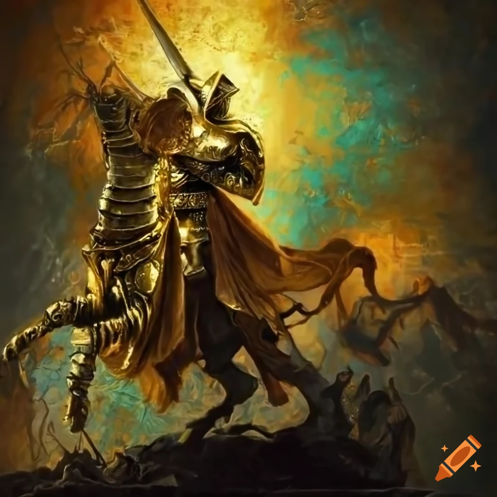 Detailed painting of a victorious golden knight on a battlefield on Craiyon