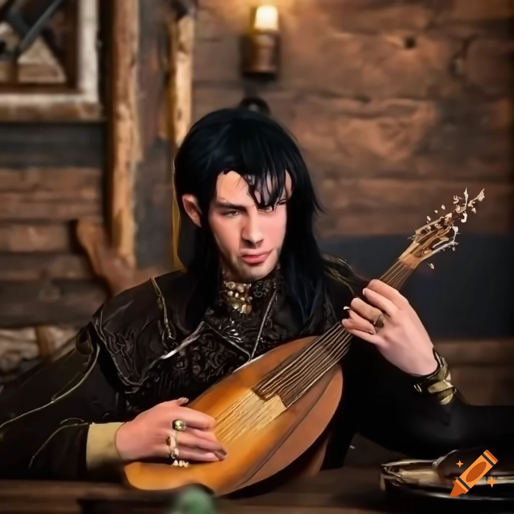 Illustration of a male wood elf bard playing a lute in a tavern