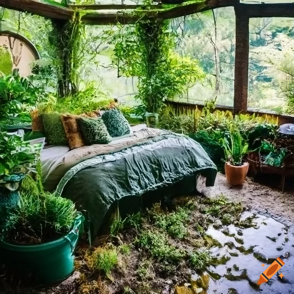 Hobbit bedroom filled with plants and water elements on Craiyon