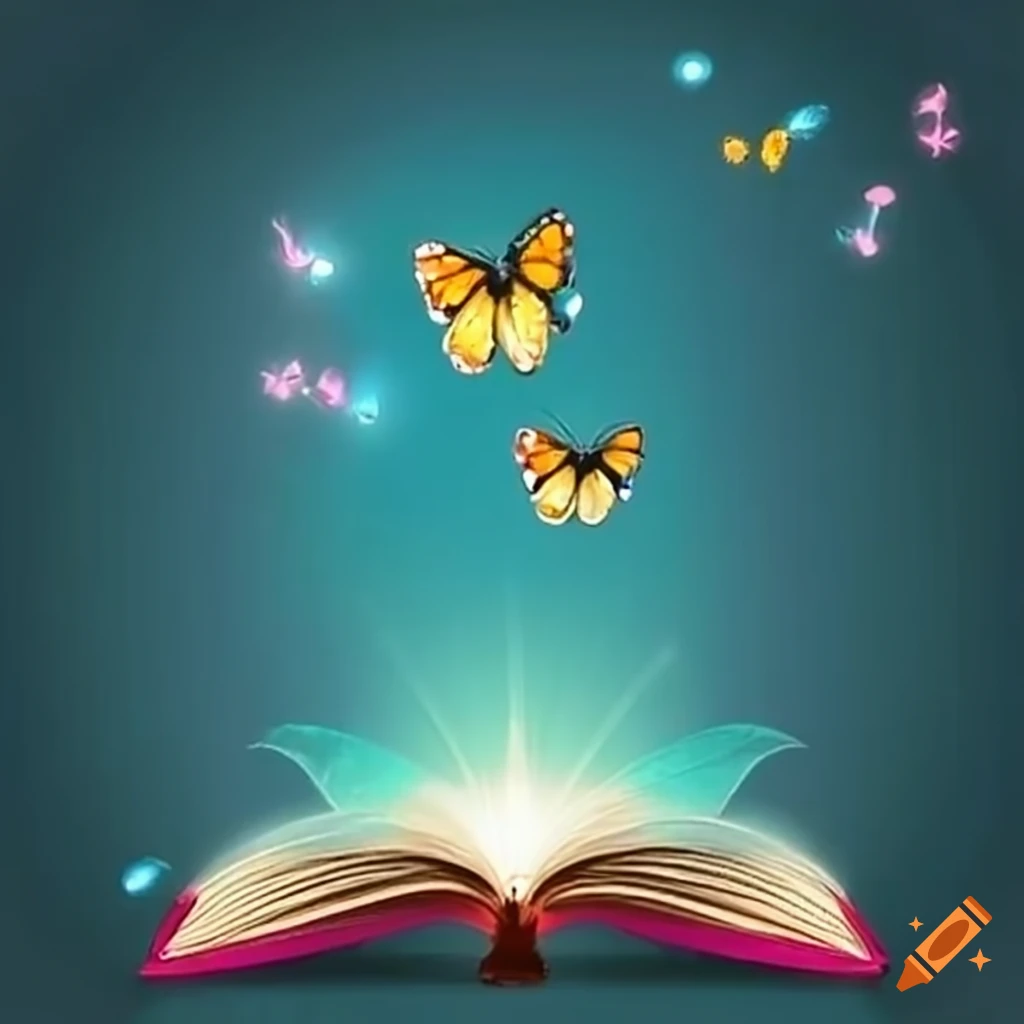 Butterfly flying over a book with a rainbow in the background on Craiyon