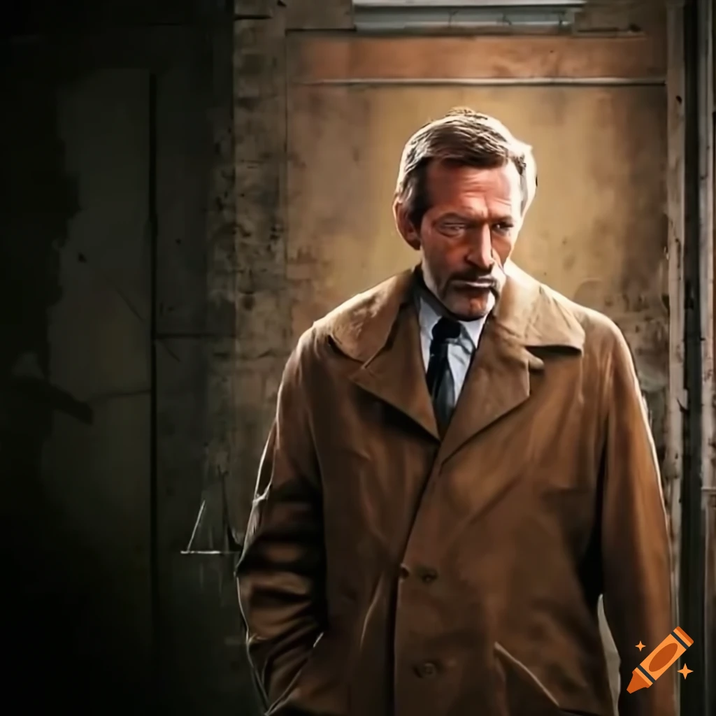 Photorealistic depiction of a detective in a brown raincoat on Craiyon