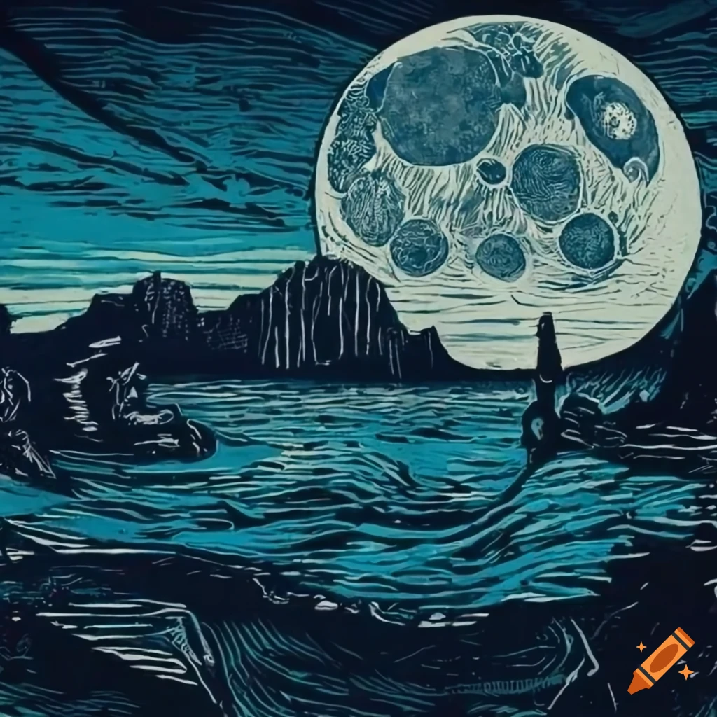 Linocut illustration of magical creatures on a moon trip on Craiyon